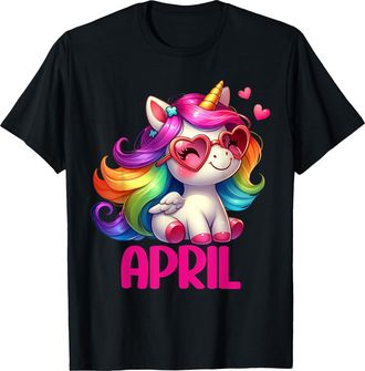 BDAZ April Personalisierter Name Buntes Einhorn Frauen Mädchen T-Shirt