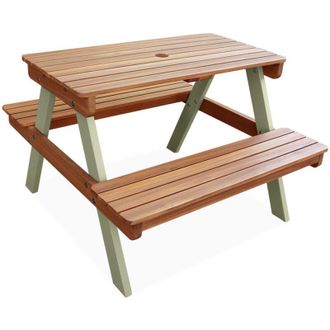 Sweeek Picknicktisch aus Holz f&uuml;r Kinder, mit 2 Sitzpl&auml;tzen, Akazie, Graugr&uuml;n