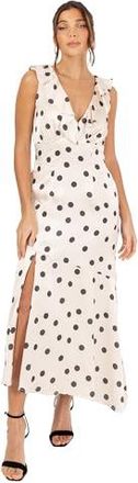 Anaya with Love Womens Midi Dress Ladies Recycled Sleeveless Deep V-Neck Satin Pola Dot Tie-Back Ribbon Empire A-Line Ruffle Asymmetric, Cr&egrave;me 40