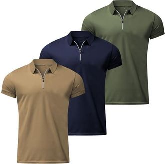 Generic Lot de 3 polos à manches courtes pour homme avec fermeture éclair 1/4 - Évacuation de lhumidité - Pour lété, la plage, le golf - T-shirt décontracté, 