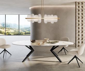 DELIFE Esstisch Edge Oval 280x130 Keramik Minas Melange Wei&szlig;-Beige Zenthara kantig Metall Schwarz, Esstische