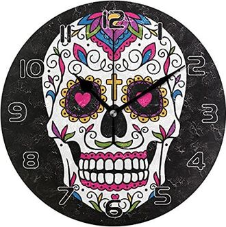 TropicalLife COZYhome Horloge murale moderne avec motif de t&ecirc;te de mort mexicaine - Silencieuse - Fonctionne &agrave; piles - Pour salon, chambre &agrave; coucher, cuisine, bure