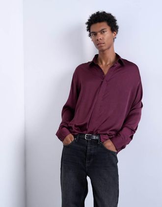 Topman Chemise oversize en satin - Bordeaux-Rouge