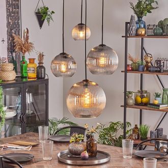 HOFSTEIN H&auml;ngeleuchte Koyoto, 4-flammige H&auml;ngelampe aus Metall/Riffelglas in Schwarz/Rauch/Klar/Bernstein, Vintage-Design (&Oslash; 15, 20, 25, 30cm), E27, Pendelleuc