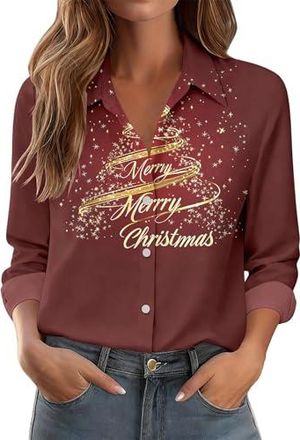 Generic Pull de Noël à manches longues pour femme Motif Père Noël Arbre de Noël Flocon de neige Chemises UK Boutons fantaisie Graphique 2026 Chemisiers de Noë