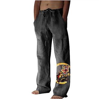 Generic Pantalon en lin pour hommes respirant : pantalon d&eacute;t&eacute; avec imprim&eacute; pantalon de plage avec taille &eacute;lastique pantalon de loisirs jambe droite pantalon &agrave;