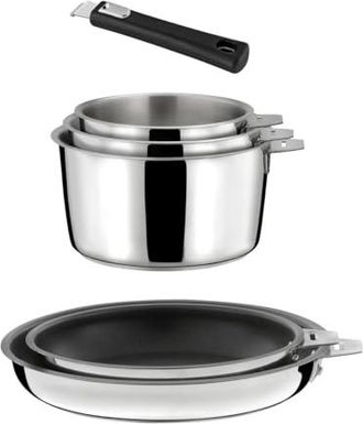 Cuisinox Malice - Lot 6 pièces - 3 casseroles, 2 poêles revêtement céramique, 1 poignée noire - Fond sandwich - Compatible tous feux - Acier Inoxydable 18/10 -