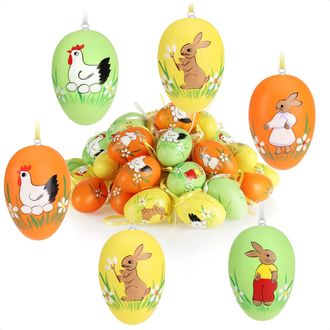 Com-Four 36x Ostereier zum Aufhängen 6 cm - Osterdeko mit tollen Motiven - Deko Ostereier - Hängedeko für den Osterstrauß (Hase/Huhn - 02)