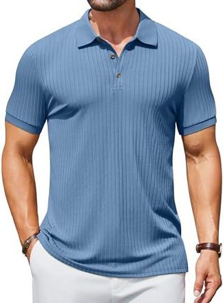 Coofandy Polo dété côtelé à manches courtes avec boutons pour homme, Gris/bleu, M
