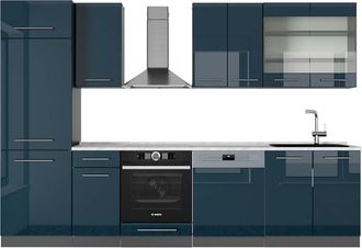 Vicco K&uuml;chenzeile Fame-Line, Dunkelblau Hochglanz/Anthrazit, 300 cm, AP Marmor