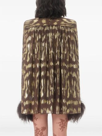 Valentino Jacquard Silk with Feather-Trimmed Cuffs Shirt - Brown