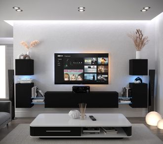 Furnitech Wohnwand Wohnzimmer | Wohnzimmer Möbel mit LED Weiß | Hängend Wohnwand Modern | Wohnzimmer Schrankwand mit Regale und TV Schrank (AN105-21B-M3 1C)