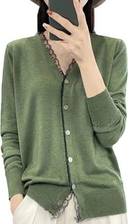 Generic Cardigan en cachemire pour femme - Col en V - Tendance - Solide, vert feuille, Taille XS