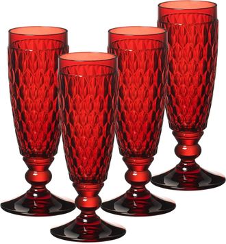 Villeroy & Boch Boston Coloured Sektgläser Red 4er Set, 145 ml, Farbige Sektkelche mit Facettenmuster, Kristallglas für Champagner und Schaumwein, Spülmaschinengeeign