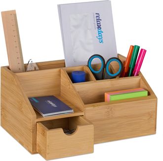 Relaxdays Schreibtisch Organizer, mit Schublade, 6 Fächer, aus Bambus, HxBxT: 11 x 24,5 x 15 cm, Büroorganizer, Natur