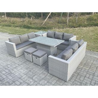Fimous Rattan Gartenm&ouml;bel Set mit Sofa, H&ouml;he verstellbar Esstisch und 2 Hocker,Beistelltisch,Outdoor Terrassen Essgruppe 7-teilige Sitzgruppe Helles Grau