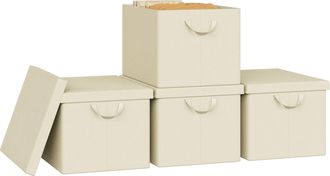 Woltu Faltbare Aufbewahrungsboxen 4 Stück, Stoffboxen mit Deckel, Aufbewahrungskörbe für Spielzeug, Kleidung, Bettdecke, Creme, 48x36x30cm