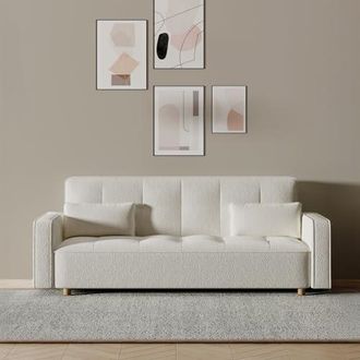 Concept Usine | Canap&eacute; 3 Places Convertible COPENHAGUE Blanc | Tissu Bouclette Tendance | Couchage dAppoint : 213 x 111 cm | Assise Confortable | Structure Bois Mas