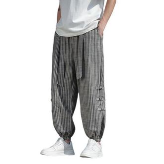 Generic Pantalon de jogging en lin l&eacute;ger avec cordon de serrage pour homme, coupe ample, pantalon de jogging ray&eacute; en lin pour le printemps et l&eacute;t&eacute;, gris, 4XL
