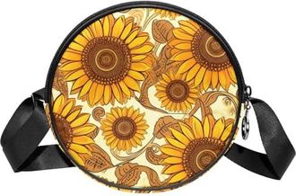 Generic Petit sac &agrave; bandouli&egrave;re rond pour femme, motif tournesol avec fermeture &eacute;clair, bretelles r&eacute;glables, style d&eacute;contract&eacute;, pour femmes et filles