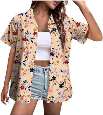 Generic Chemise tropicale pour femme - Coupe ample - Manches courtes - Boutonn&eacute;e - Pour l&eacute;t&eacute; - Motif palmier hawa&iuml;en - Style d&eacute;contract&eacute; - Bowling - Pour croi