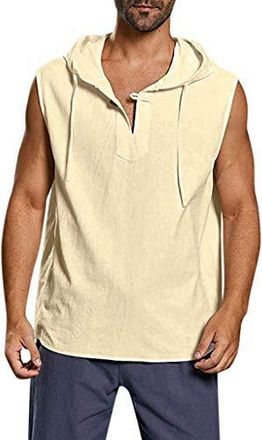 Generic Chemise d&eacute;t&eacute; en coton et lin pour homme - Haut dentra&icirc;nement en lin &agrave; capuche - D&eacute;bardeur uni en coton - Hauts de plage sans manches - Chemisier baggy