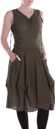 vishes Alternative Bekleidung - Damen knielanges Kleid Baumwolle Casual verstellbares Kleid im Lagen-Design mit Taschen braun 42