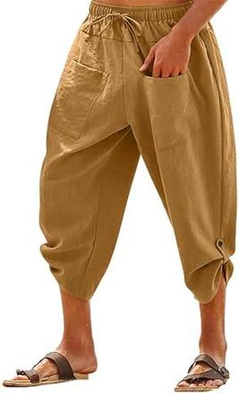 Generic Short de plage en coton et lin pour homme - Taille &eacute;lastique - Confortable - Respirant - D&eacute;contract&eacute; - Vacances, jaune, XXL