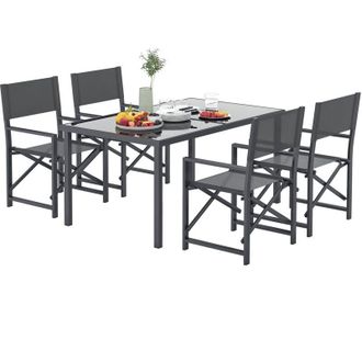 OUTSUNNY Sitzgruppe 5-teilig Essgruppe Stahl f&uuml;r 4 Personen Esstisch mit 4 klappbar St&uuml;hlen Esszimmergruppe mit Glastisch K&uuml;chentisch-Set Balkonm&ouml;bel