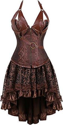 Grebrafan Cuir Corset Bustier et Jupe Asymétrique en Tulle Femme (EU(44-46) 4XL, Marron)