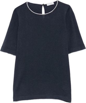 Brunello Cucinelli Top en cachemire orn&eacute; de monili - Femme - Tops - Bleu - Taille: 36 FR