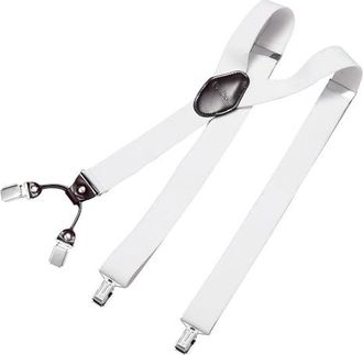 DonDon bretelles hommes larges 3,5 cm avec 4 clips extra-fortes et patch en cuir marron - Blanc