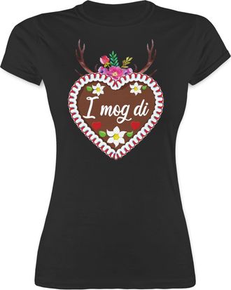 Shirtracer Shirt Damen - Kompatibel Oktoberfest - Lebkuchenherz I mog di mit Geweih und Blumen - XXL - Schwarz - trachtenshirt Trachten t Shirts bayrische edelwe