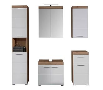 Trendteam Amanda - Badezimmer Komplettset (WBU + Spiegelschrank LED + Standschrank + Hochschrank + H&auml;ngeschrank) - Wei&szlig;/Wei&szlig; Hochglanz Eiche - (BxHxT) 163 x 190