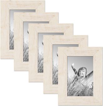 Photolini Bilderrahmen 10x15 cm Holz Weiß, 5er Set Echtholz-Rahmen rustikal, Strandhaus, Made in Germany, Echtglas, zum Aufhängen & Aufstellen, extra Zubehör - 