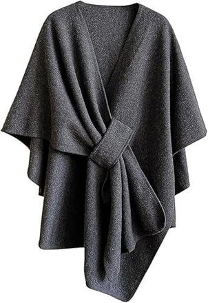 Generic Ch&acirc;le drap&eacute; en polaire pour femme, ch&acirc;le tricot&eacute; &eacute;l&eacute;gant, poncho doux ouvert sur le devant avec boucle, gris fonc&eacute;, Length 62.2 in (160 cm) &times; Width 43