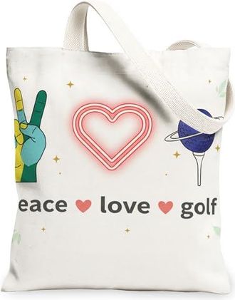 Generic Peace Love Golf Sac fourre-tout en toile avec motif symbolique &eacute;l&eacute;gant, r&eacute;utilisable, l&eacute;ger et lavable avec bandouli&egrave;re, blanc, 13x15 Inch