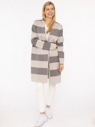 Zwillingsherz Strickjacke Schalkragen, Langarm, Taschen, knielang, Bockstreifen