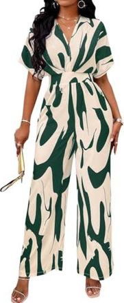 ORANDESIGNE Femmes Combinaison Ete Jumpsuit Manches Courtes Col V Impression Abstraite Barboteuse Jumpsuit été Élégant Long Pantalon Romper Loose Taille Haute Cas