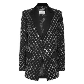 Philipp Plein Femme, Vestes, Noir, Taille: 38 FR Blazer Coupe Boyfriend en Laine et Satin avec Losanges en Cristal