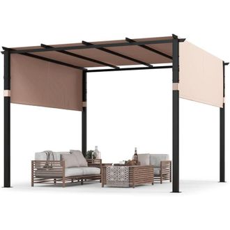 Costway Pergola R&eacute;tractable dExt&eacute;rieur 305 x 305 cm, Pergola M&eacute;tallique &agrave; Toit Plat pour Patio avec Auvent R&eacute;tractable 2 Couvre-soleils &agrave; Enrouleur