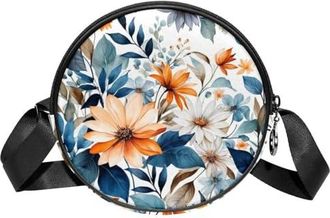 Generic Petit sac &agrave; bandouli&egrave;re circulaire pour femme, motif feuilles florales, sac &agrave; dos avec fermeture &eacute;clair, bretelles r&eacute;glables, sac &agrave; main rond d&eacute;contra