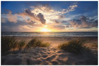 Artland ARTland Wanddeko Wandbild Alu Verbundplatte für Innen & Outdoor Bild 90x60 cm Strand Meer Küste Maritim Landschaft Sonnenuntergang Himmel Wolken T2SY