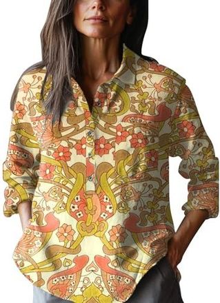 Generico Chemise Femme Curvy &agrave; Manches Longues Blouse en Lin Coton D&eacute;contract&eacute; Grande Taille T Shirt Col en V Mode Chemises Vintage Fantaisie avec Boutons Clas