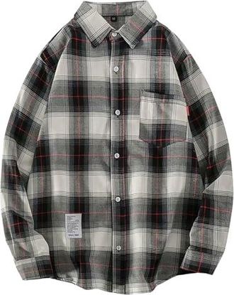 Generic Chemise &agrave; carreaux pour homme, chemise pour homme adulte, chemise boutonn&eacute;e &agrave; manches longues pour homme, haut &agrave; col rabattu pour homme avec col rond 