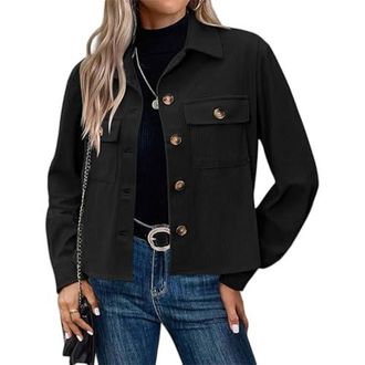 Generic Veste courte d&eacute;contract&eacute;e &agrave; manches longues et col &agrave; revers pour femme en velours c&ocirc;tel&eacute;, Noir, XXL