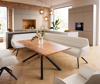 DELIFE Esszimmerbank Taya-Flex 285x190 cm Boucl&eacute; Creme-Wei&szlig; Kreuzgestell kantig Schwarz Taschenfederkern Rechts, B&auml;nke