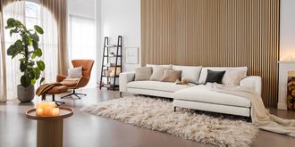 Studio Copenhagen home24 Ecksofa mit Longchair Beige Webstoff Caya 315 x 83 x 170cm Longchair davorstehend rechts mit Schlaffunktion ohne Hocker Modern