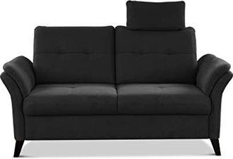Cavadore 2er Sofa Grönland / Skandinavische 2-Sitzer-Couch mit Federkern, Sitztiefenverstellung + Kopfstütze / 173 x 90 x 102 / Flachgewebe, Schwarz