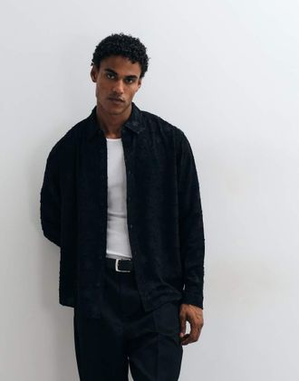 Asos chemise premium &agrave; texture fleurie noire coupe relaxed